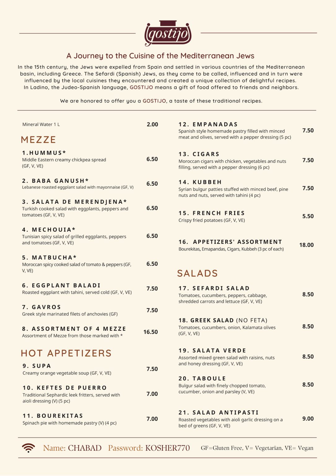 Menu - Gostijo Kosher Restaurant